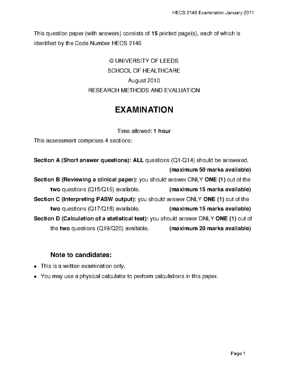 HECS 2146-Exam Jan 2011 Answer scheme - HECS 2146 Examination January ...