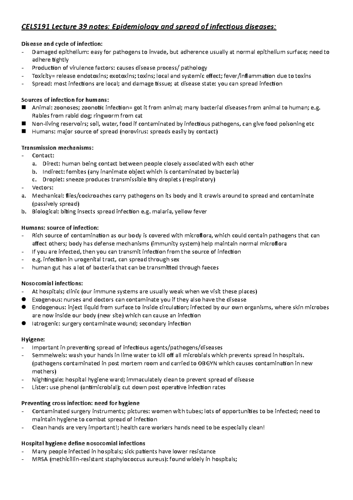 CELS191 Lecture 39 notes - CELS191 Lecture 39 notes: Epidemiology and ...