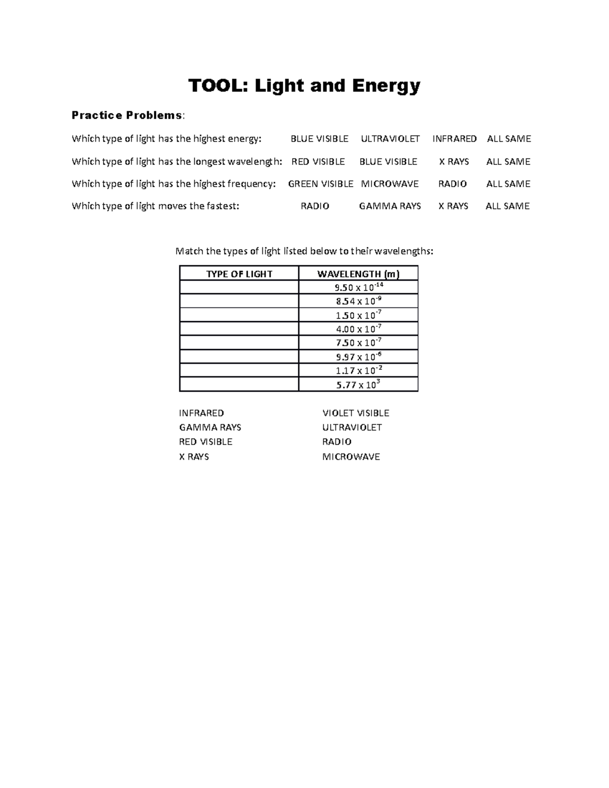 Microtask 8 - Light and Energy - Practice - TOOL: Light and Energy ...