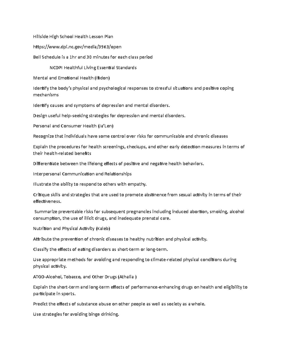 Middle Childhood Adolescent Group Project - Hillside High School Health ...