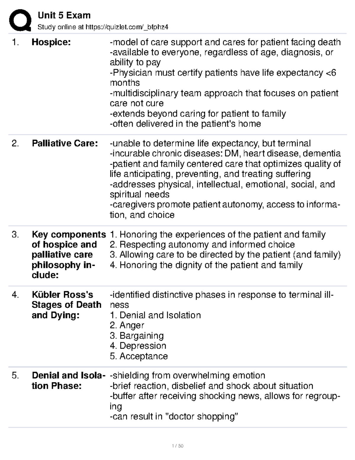 Unit 5 Exam - Study online at quizlet/_bfphz Hospice: - model of care ...