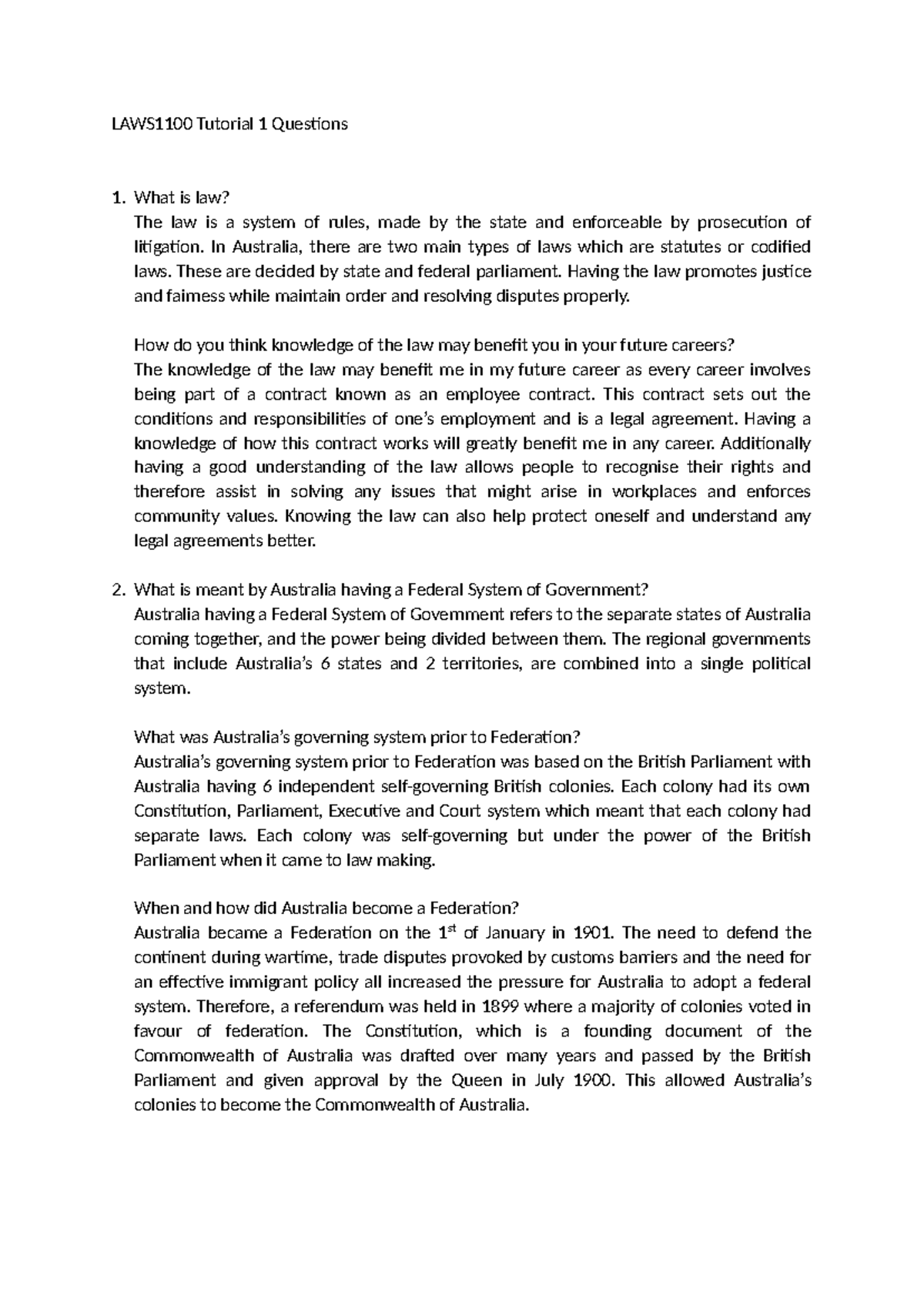 Tutorial 1 Questions and Answers - LAWS1100 Tutorial 1 Questions What ...