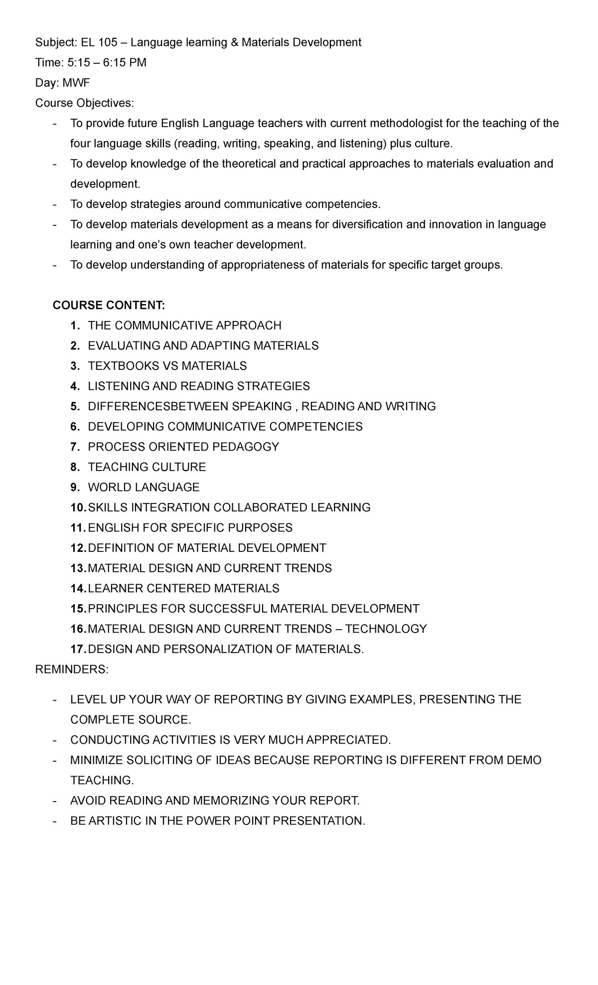 EL 105 Language Learning Materials DEVT - Subject: EL 105 – Language learning & Materials - Studocu
