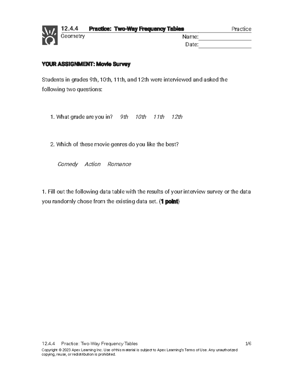 12.4.4 Practice - Two-Way Frequency Tables (Practice) - Practice: Two-Way Frequency Tables 1 ...