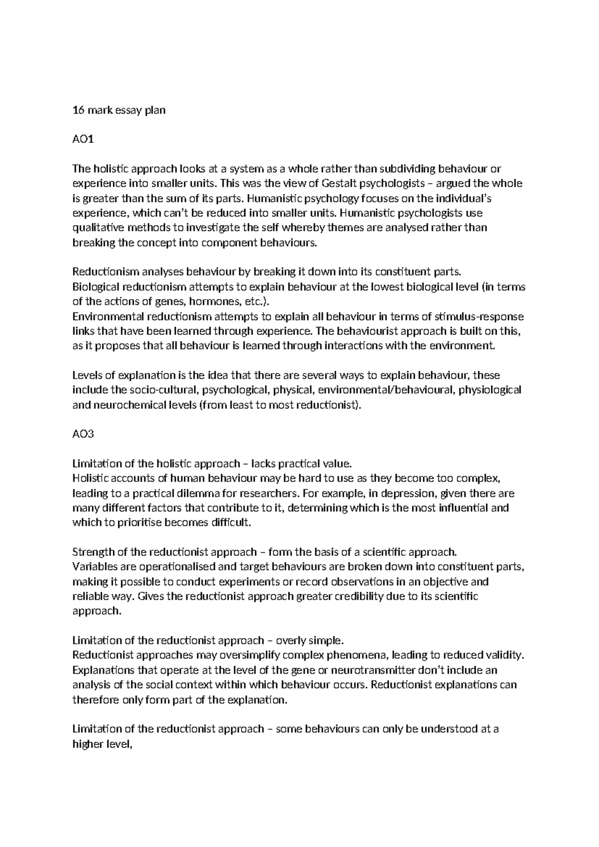 Holism reductionism 567 copy - 16 mark essay plan AO The holistic ...