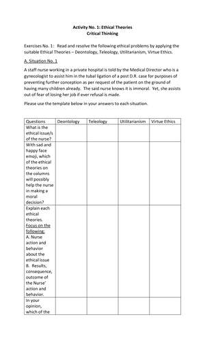Activity No. 1 Ethical Theories - Activity No. 1: Ethical Theories ...