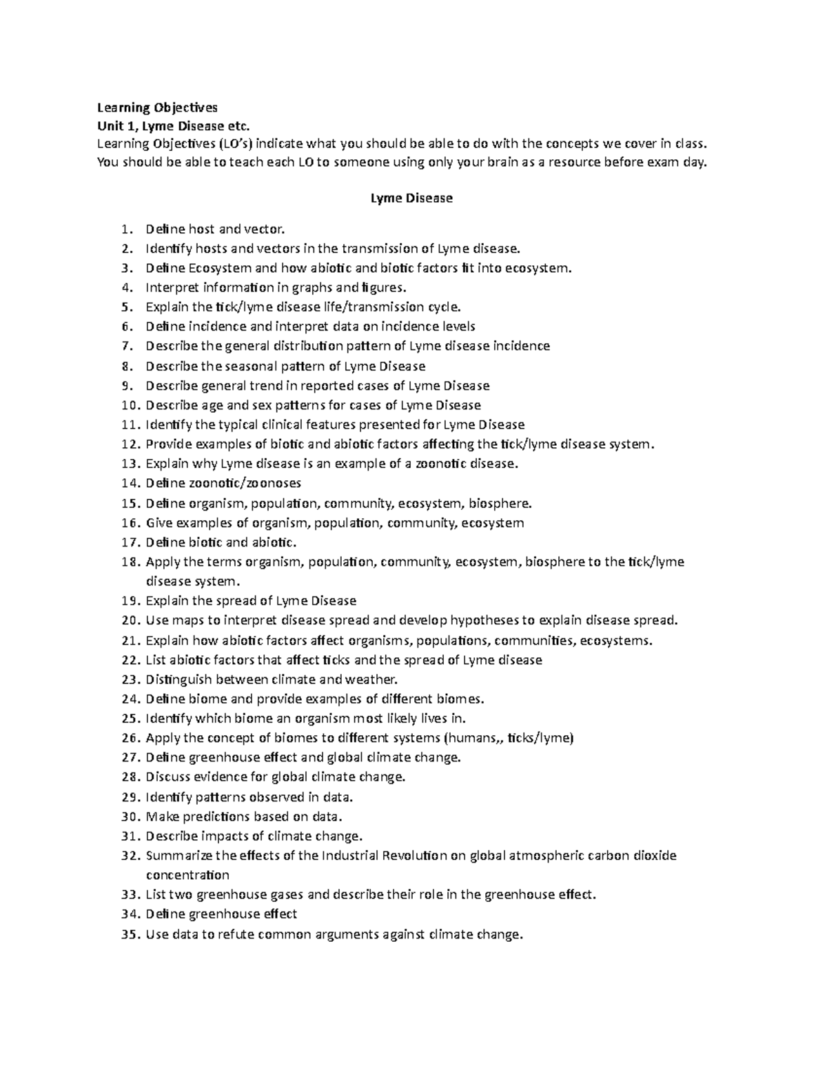 Learning Objectives Unit 1, Lyme Disease copy - Learning Objectives (LO’s) indicate what you ...
