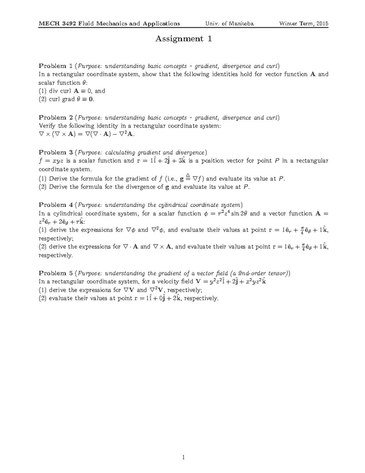Fluid Mechanics And Applications Assignment 1 with solutions - MECH ...