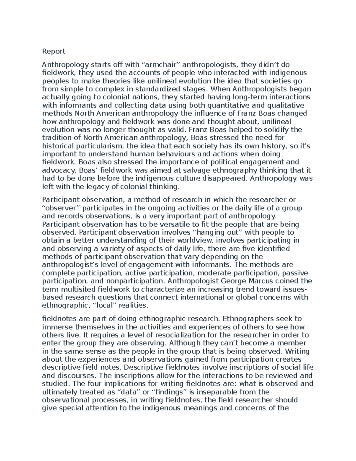 Ethnographic Report 2 (a) - Report Anthropology starts off with ...