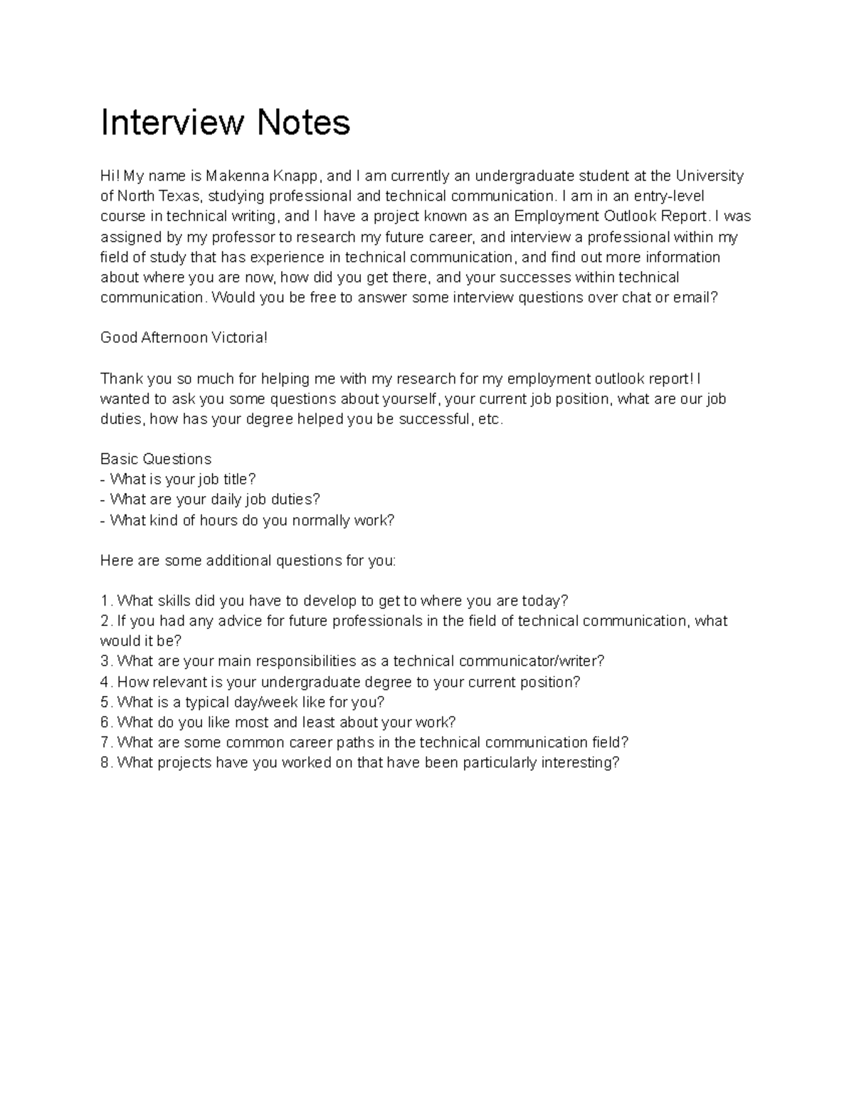 Interview Notes - Interview Notes Hi! My name is Makenna Knapp, and I ...