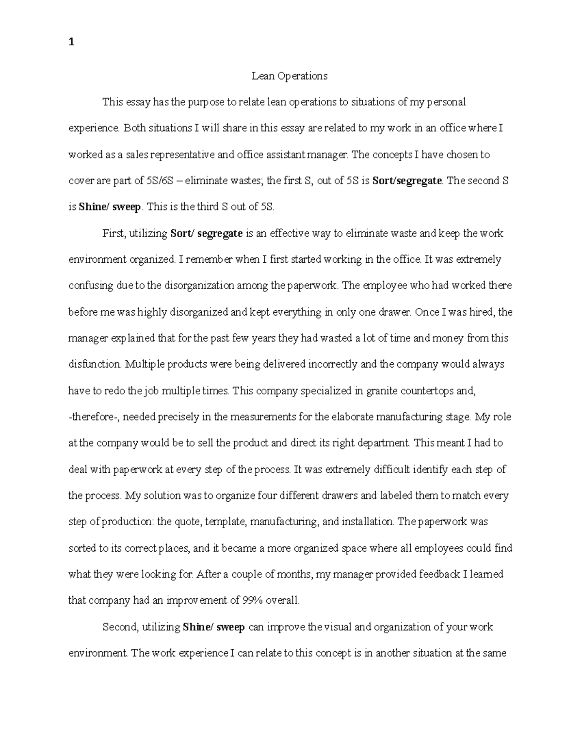 Lean Operations Essay - Dr. Miao Bai - 1 Lean Operations This essay has ...