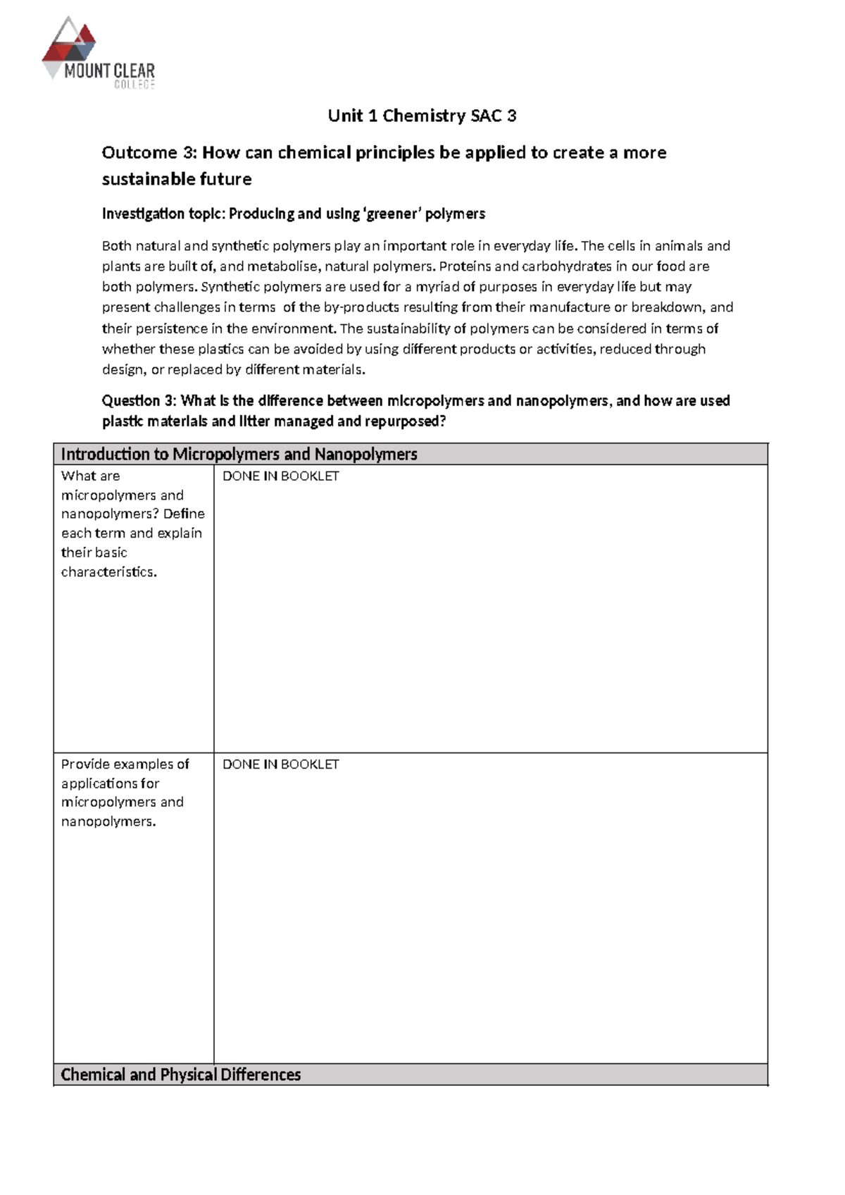 Unit 1 Outcome 3 Question 3 - Unit 1 Chemistry SAC 3 Outcome 3: How can ...