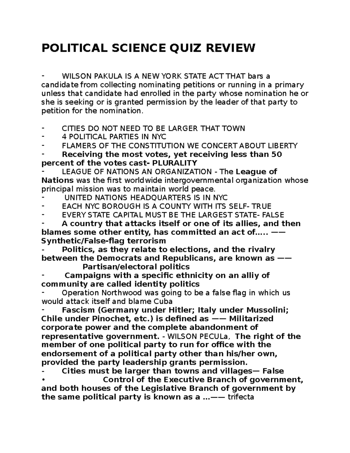 Political Science QUIZ Review - POLITICAL SCIENCE QUIZ REVIEW ⁃ WILSON ...