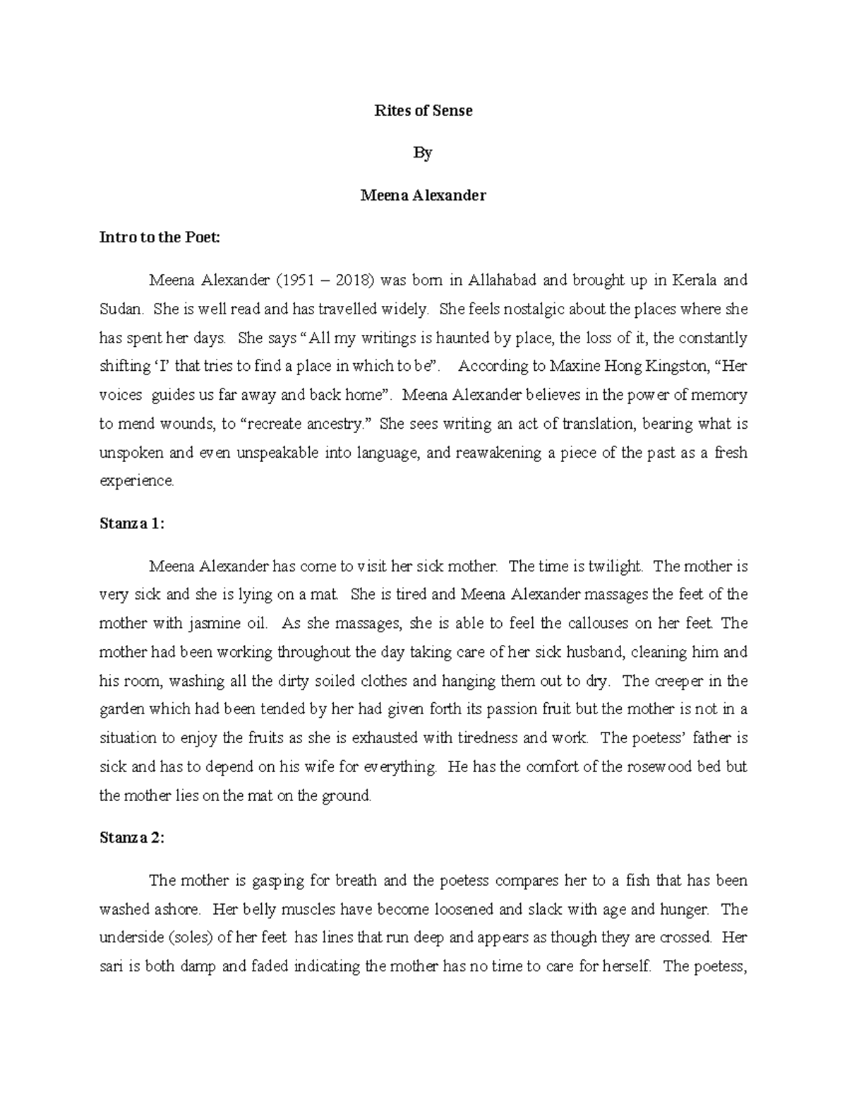 Rites of sense poem by meena alexander - Rites of Sense By Meena ...