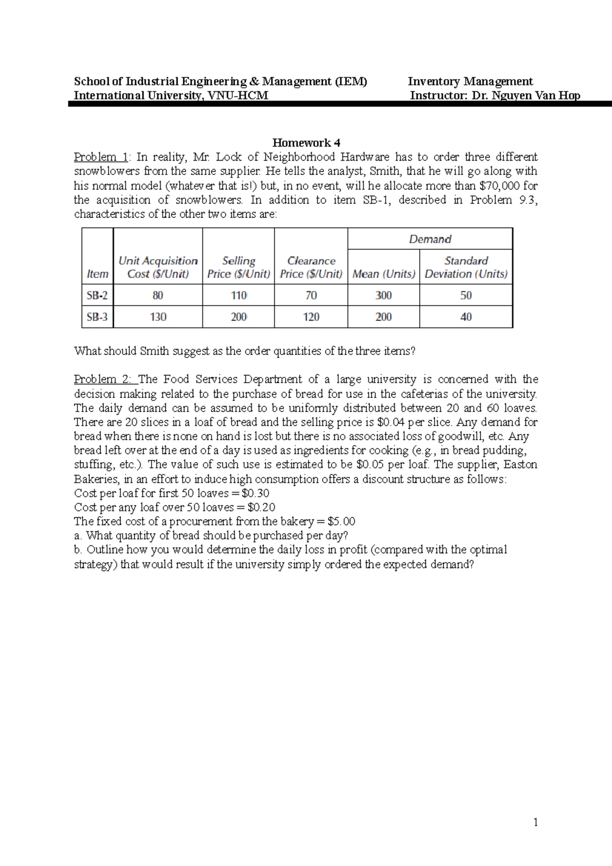 Homework 4 - School of Industrial Engineering & Management (IEM ...