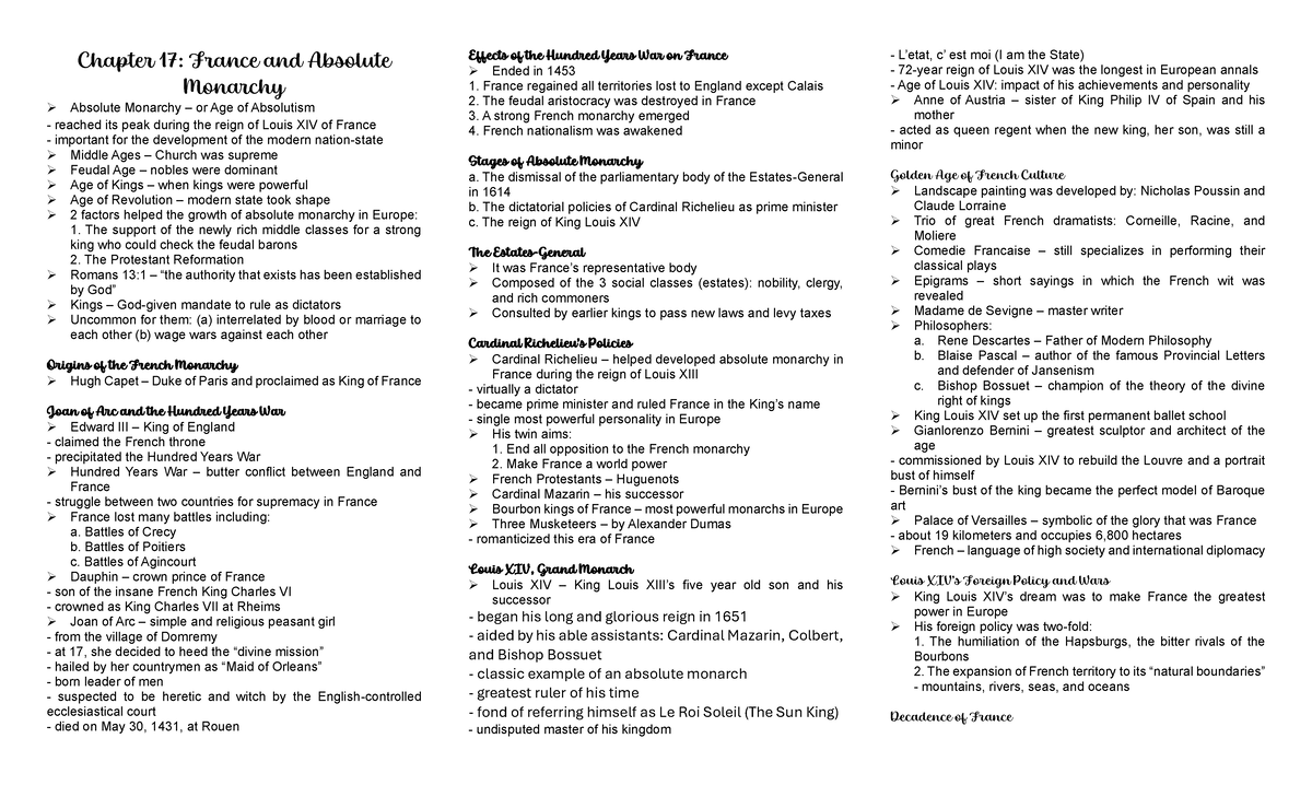 World History Midterms - Chapter 17: France and Absolute Monarchy ...
