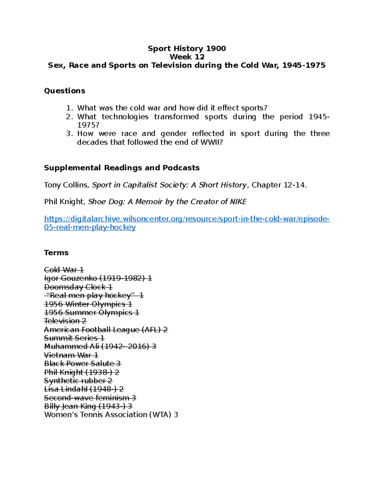 HIST 1900 Handout Week 12 - Sport History 1900 Week 12 Sex, Race and ...