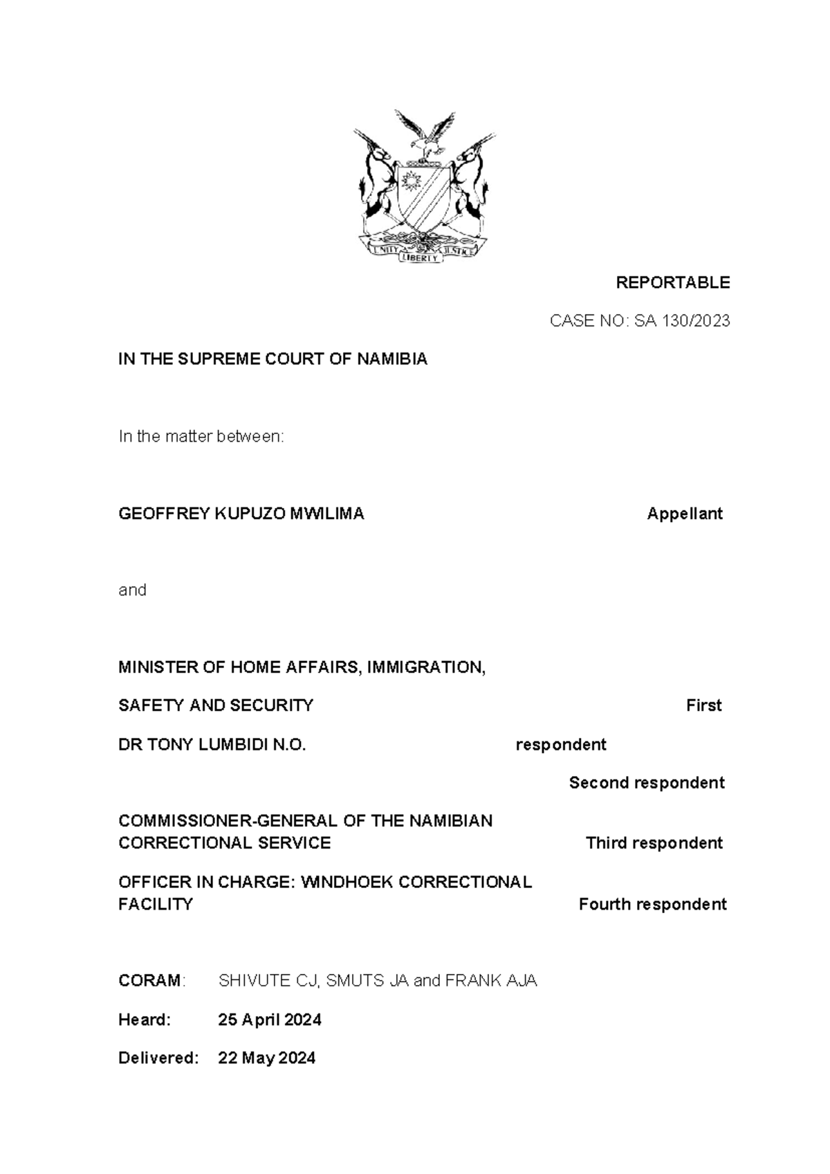 Mwilima v Minister of Home Affairs Immigration Safety and Security and 3 others (SA 130-2023 ...