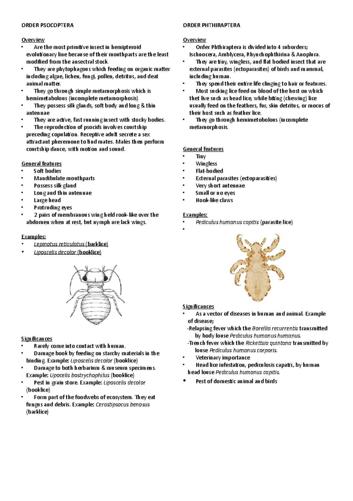 ENTO Revision - Several order of insects. - ORDER PSOCOPTERA ORDER ...
