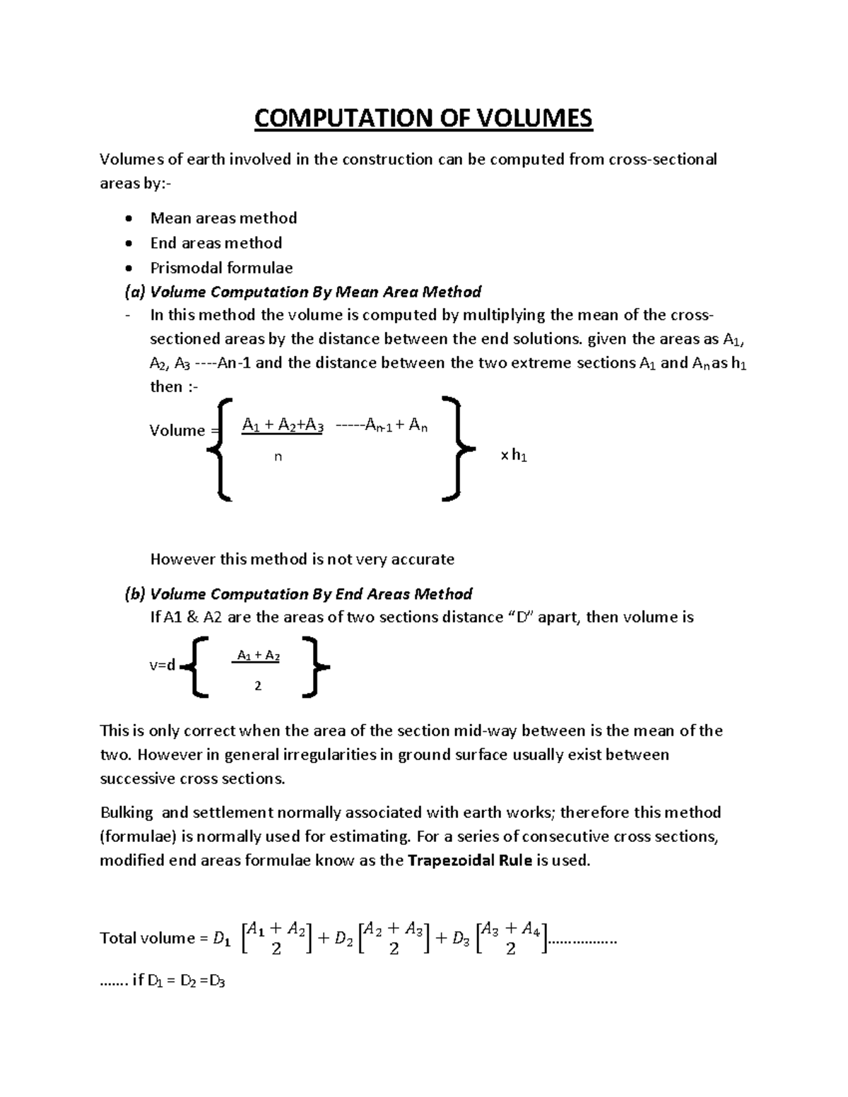 Computation of volumes - COMPUTATION OF VOLUMES Volumes of earth ...