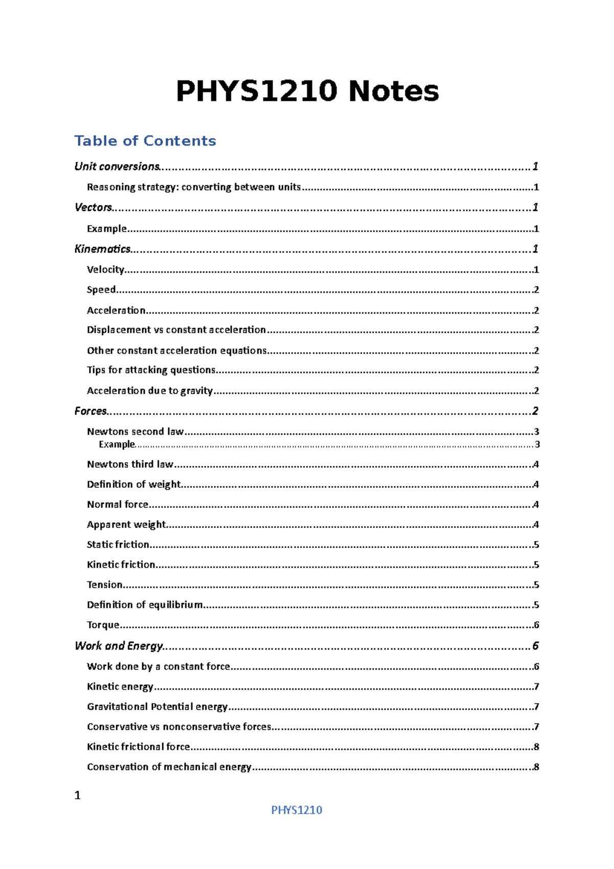 PHYS1210 Notes - PHYS1210 Notes Unit - Studocu