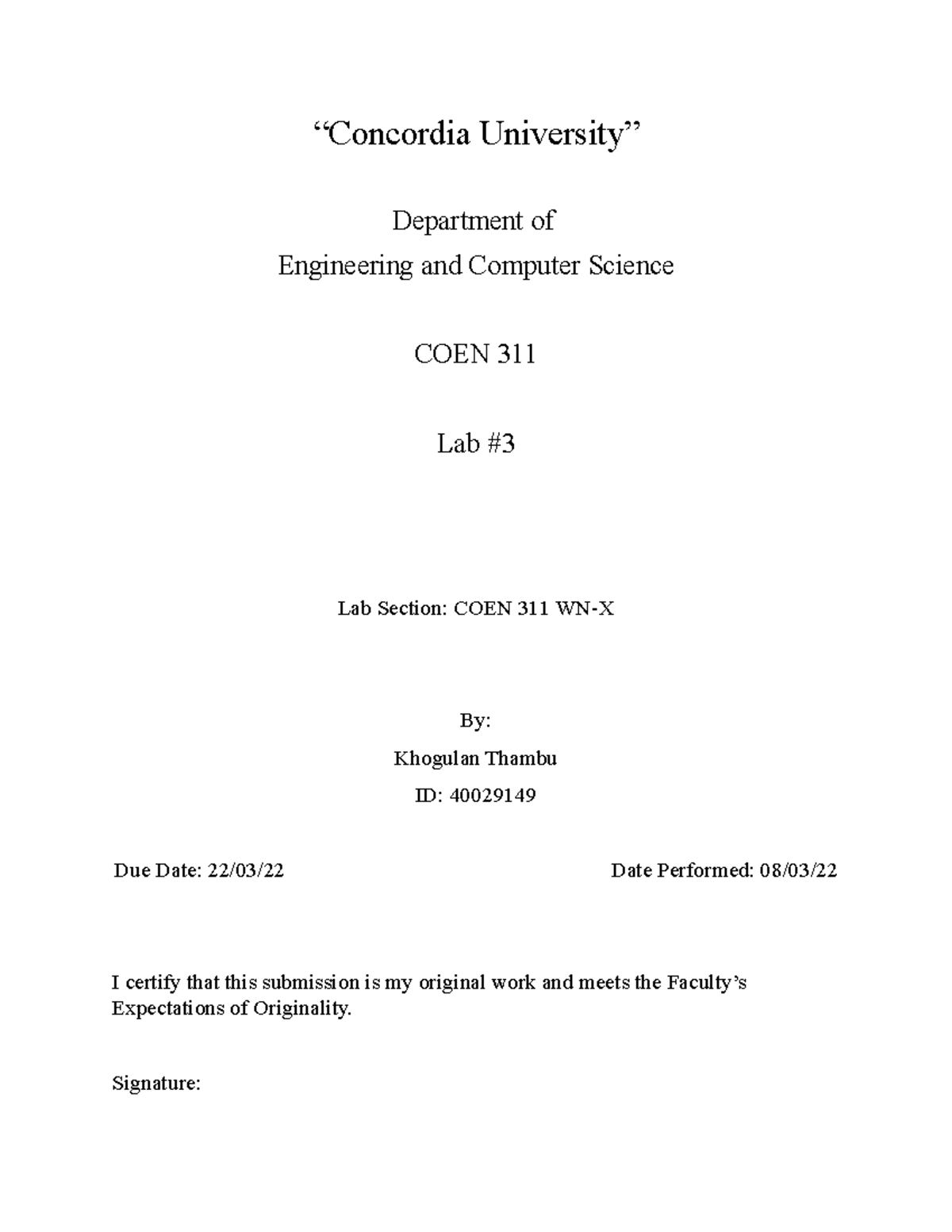 Lab2 - Lab 2 - “Concordia University” Department of Engineering and ...