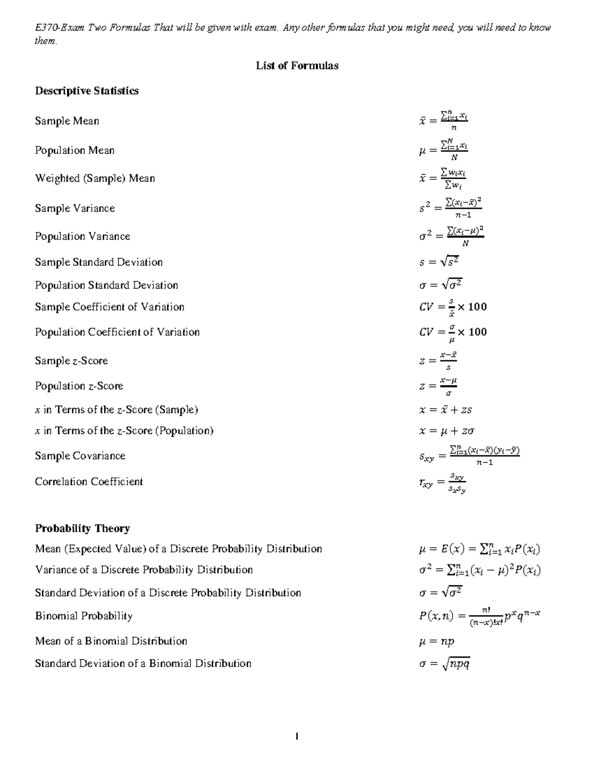 Formulas sheet e370 - E370-Exam Two Formulas That will be given with ...