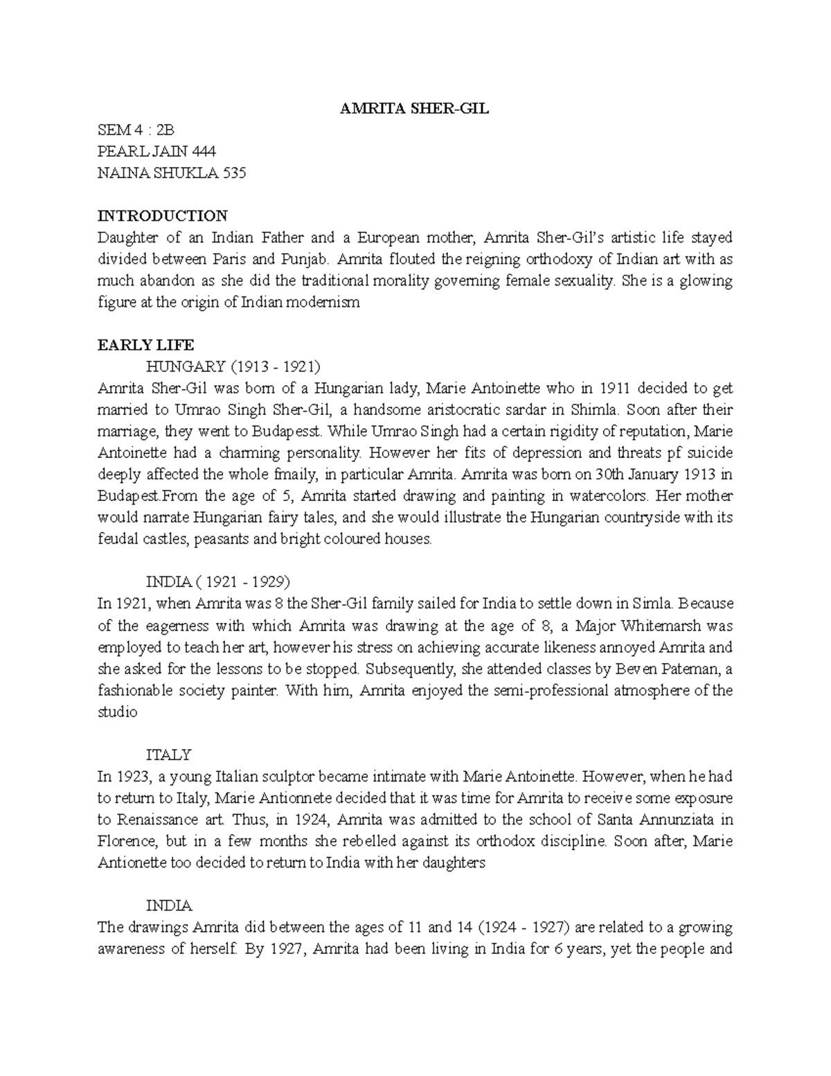 SEC Amrita SHER-GIL 2B - AMRITA SHER-GIL SEM 4 : 2B PEARL JAIN 444 ...