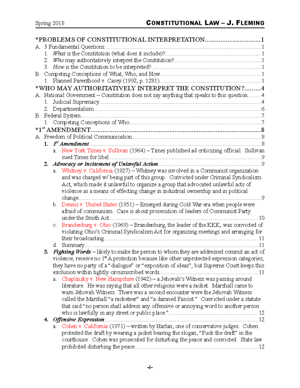 Con Law Outline (Fleming 2018 ) - Spring 2018 CONSTITUTIONAL LAW – J ...