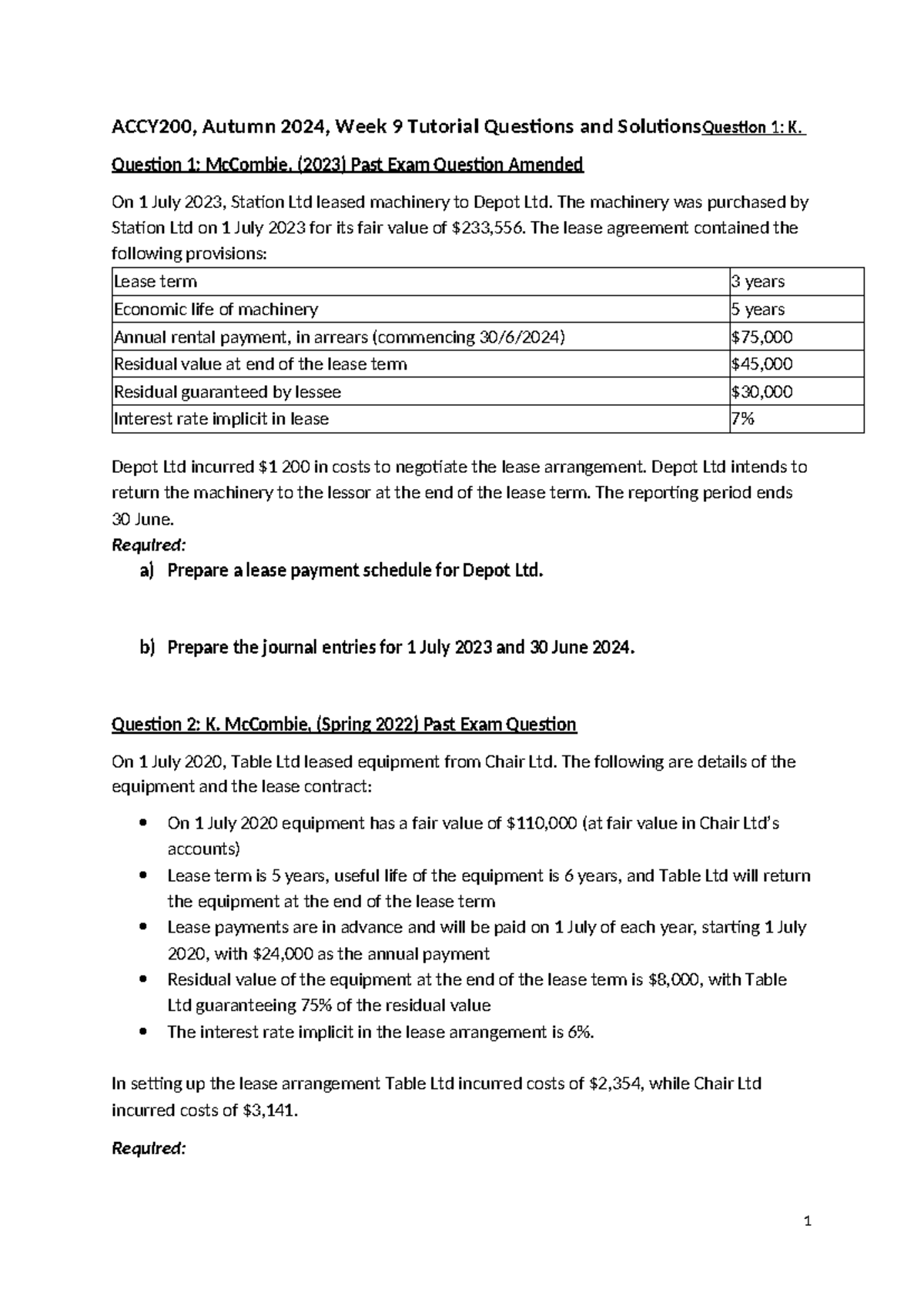 ACCY200-w9 - tut9 - ACCY200, Autumn 2024, Week 9 Tutorial Questions and SolutionsQuestion 1: K ...