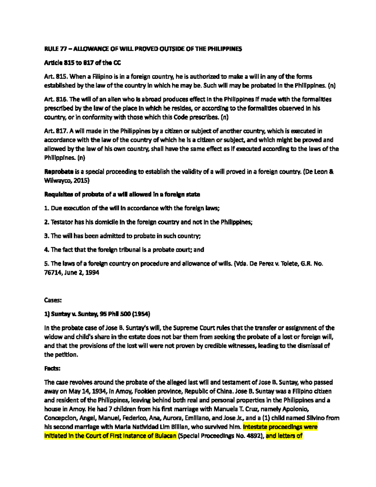 Suntay vs Suntay - Summary Special Procedures - RULE 77 ALLOWANCE OF ...