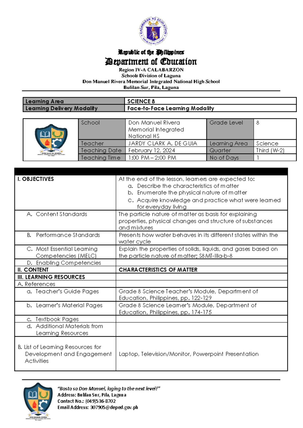 Grade 8 DLP Matter - lesson plan - Department of Education Region IV-A ...