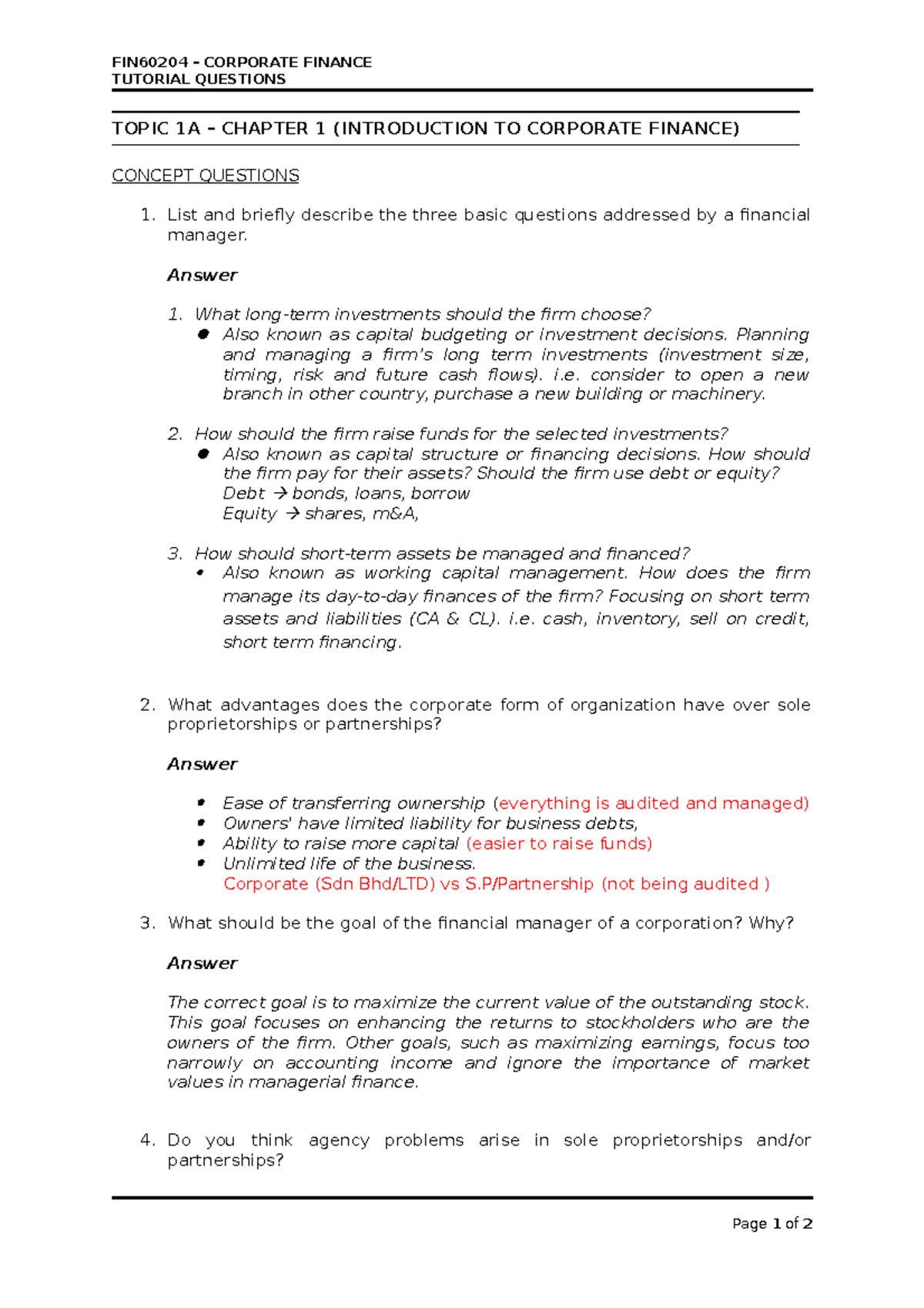 Tutorial 1A: Introduction to Corporate Finance Solutions - FIN60204 ...