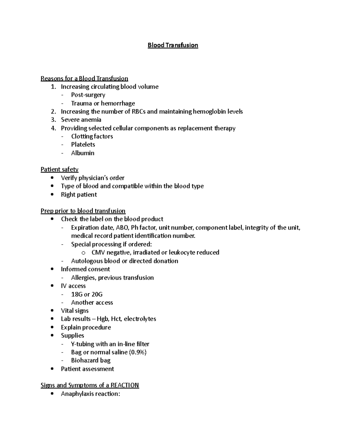 Blood Transfusion - lecture notes - Blood Transfusion Reasons for a ...