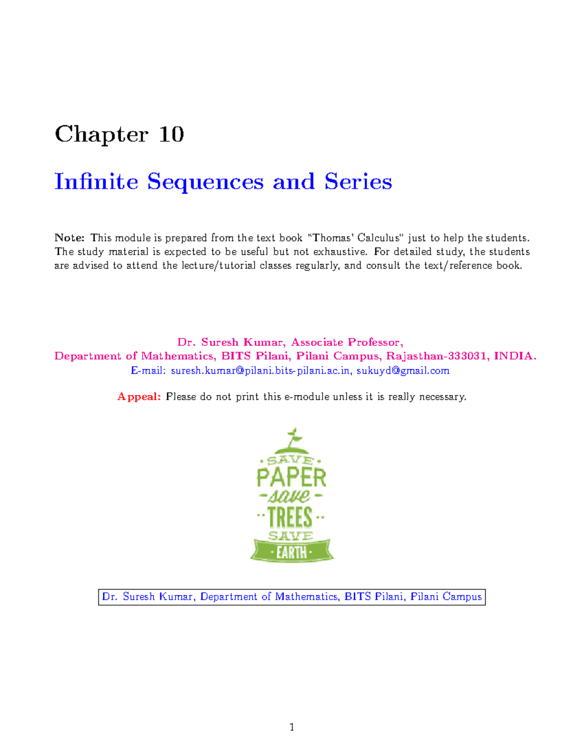 Chapter 10 infinite series - Mathematics F111 - Suresh Kumar Lecturer ...