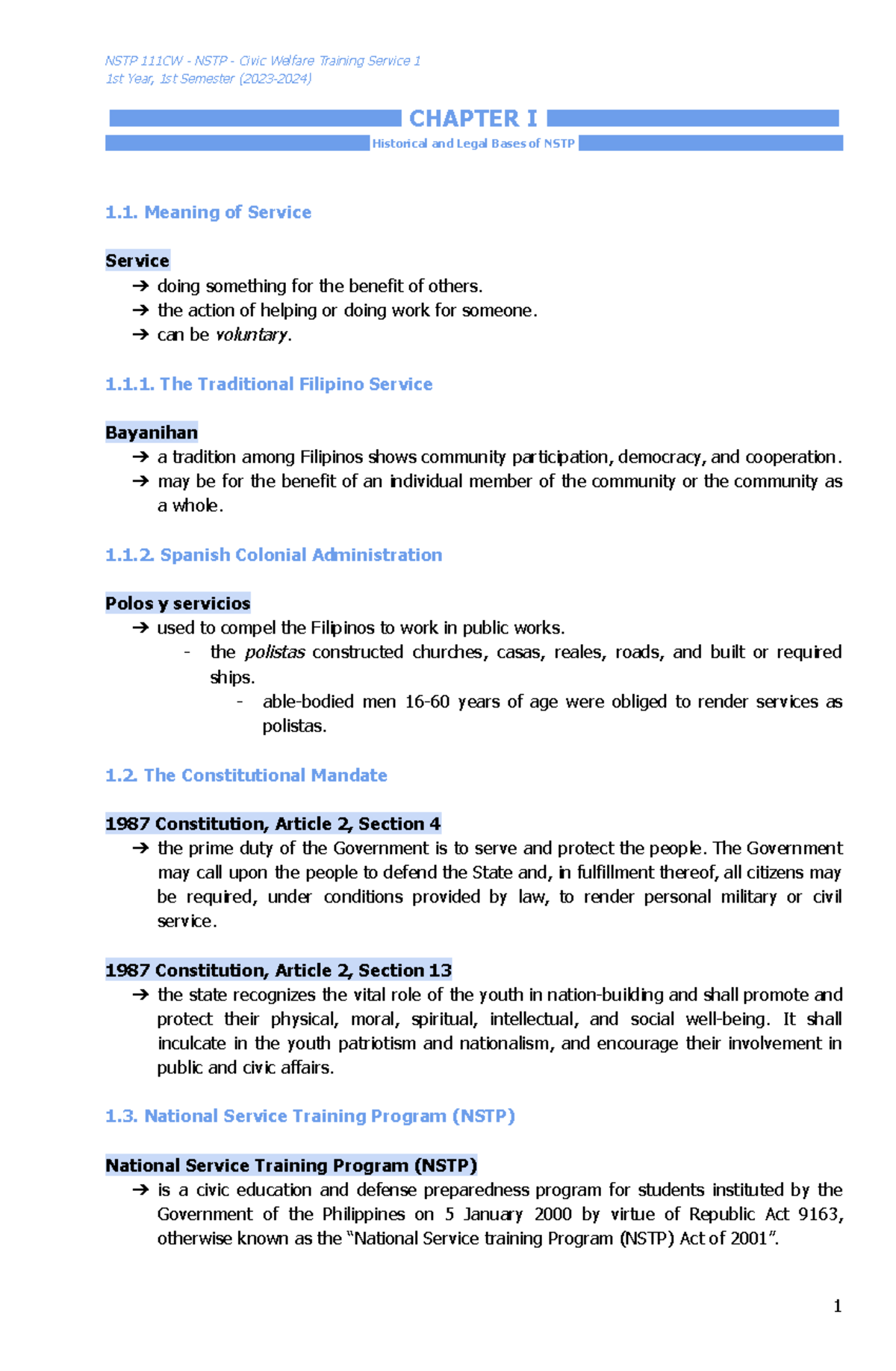 NSTP 1 11CW - NSTP - Civic Welfare Training Service 1 (Chapter 1) - NSTP 111CW - NSTP - Civic ...