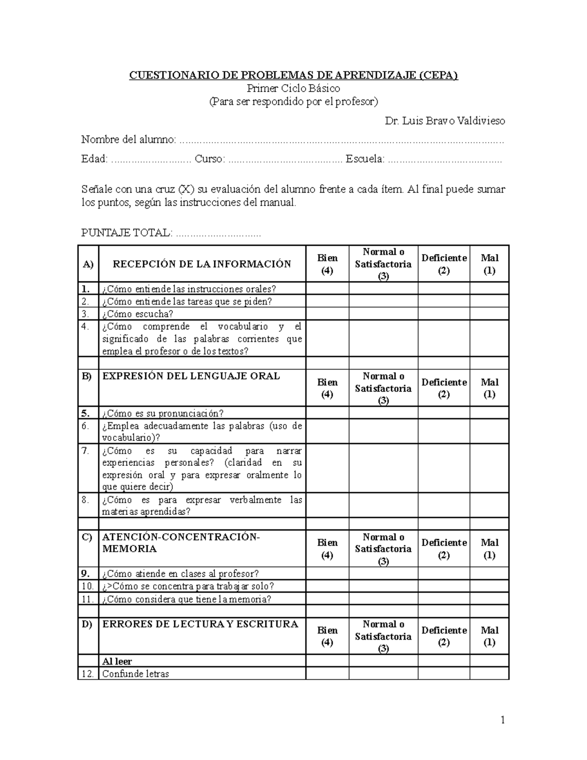 Cepa - Test Cepa - CUESTIONARIO DE PROBLEMAS DE APRENDIZAJE (CEPA ...
