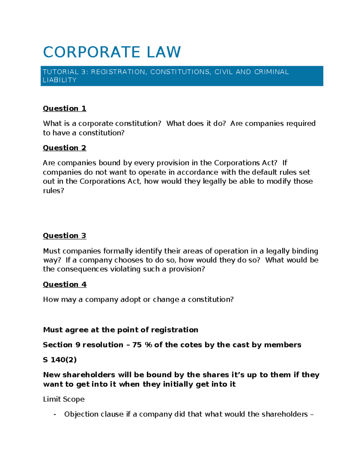 Tutorial 3 (Week 4) - Registration, Corporate Constitution, Corporate Liability - CORPORATE LAW ...