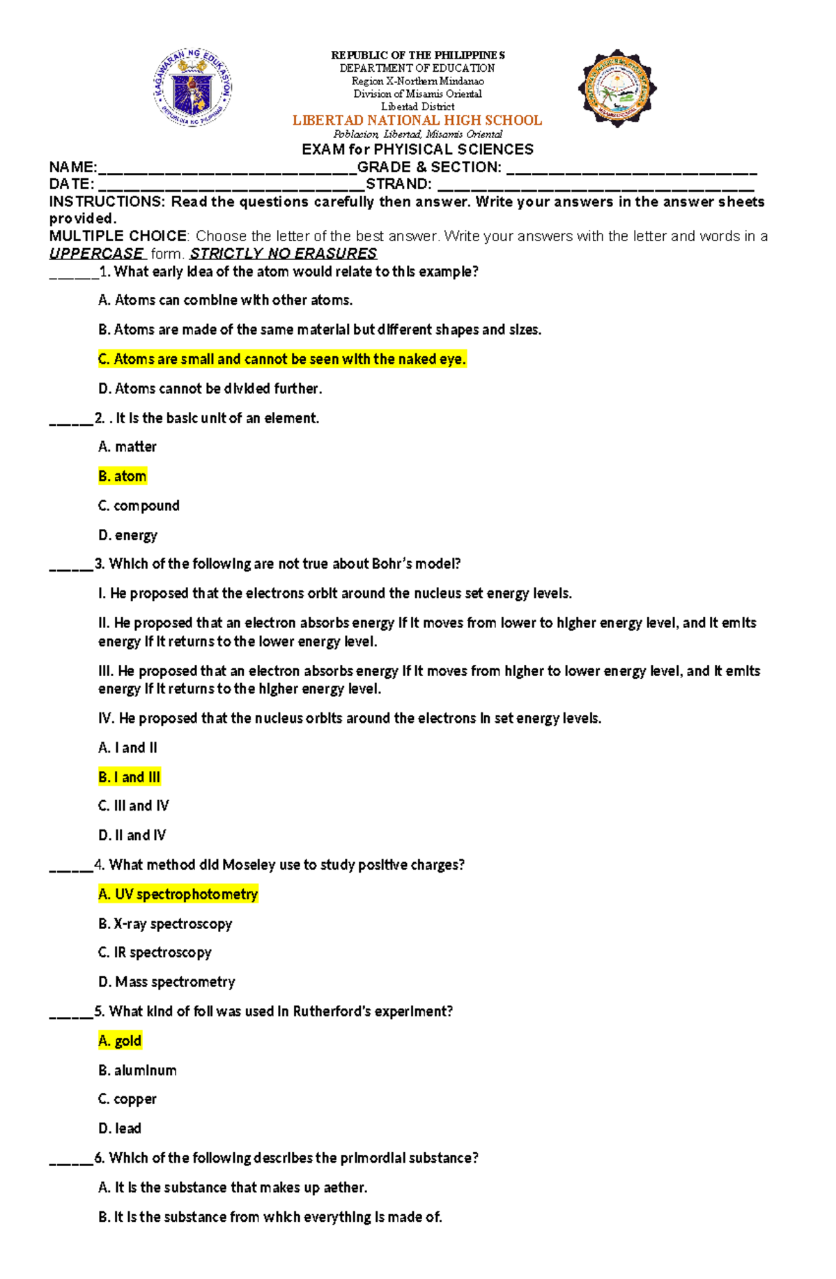 UNIT 1-3EXAM for PS - private - DEPARTMENT OF EDUCATION Region X ...