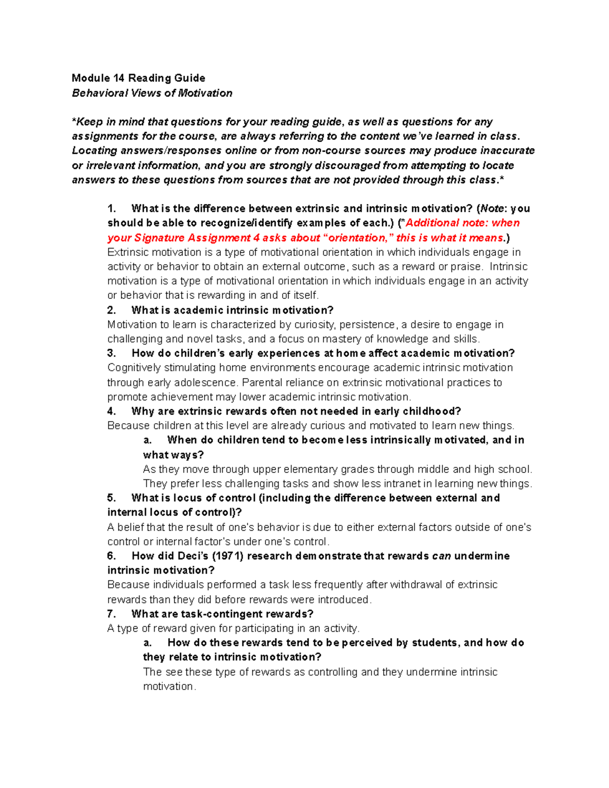 Module 14 Reading Guide - Module 14 Reading Guide Behavioral Views of Motivation Keep in mind ...