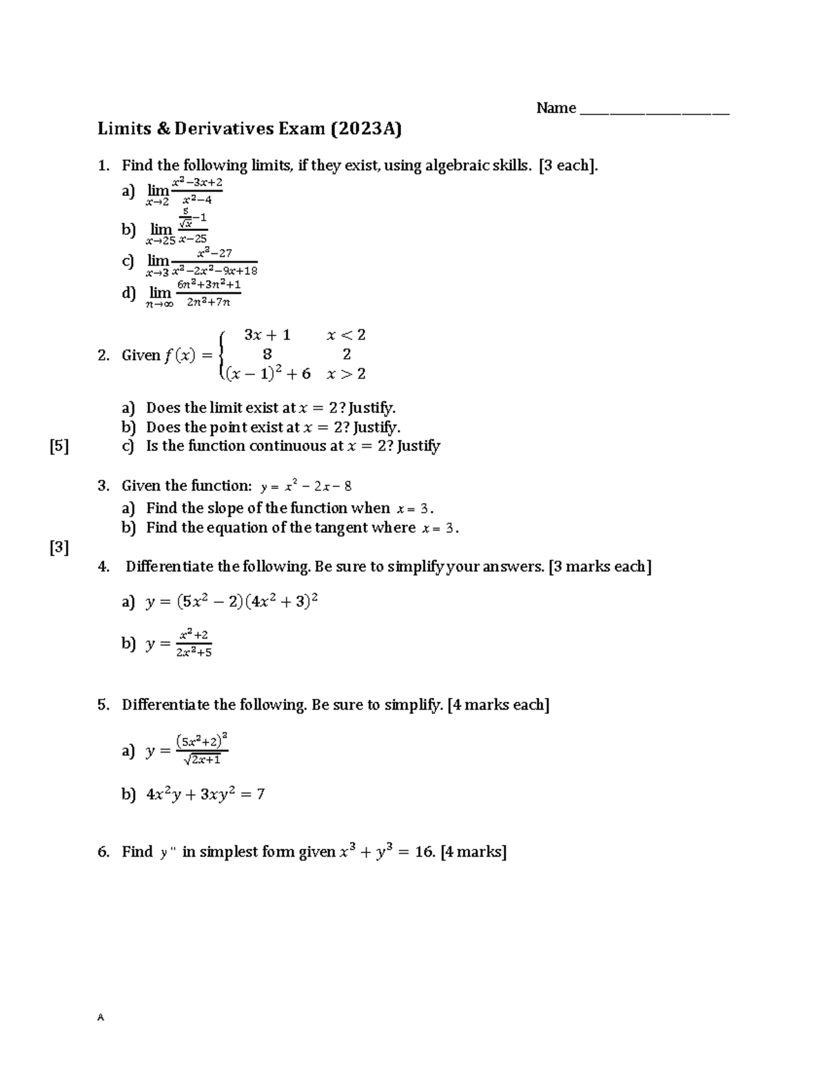 Limits and Derivative Exam 2023A - A Name ...