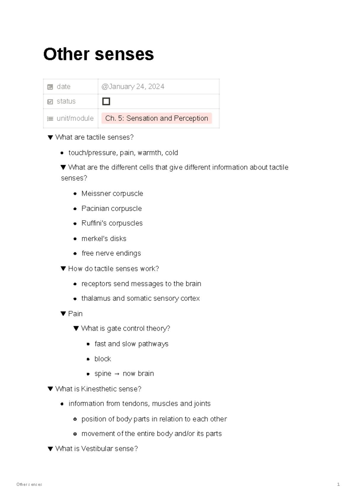 Other senses lecture notes - Other senses 1 Other senses date status ...