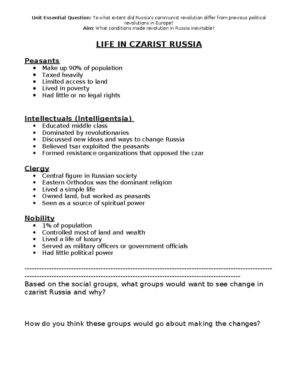 Causes for the Russian revolution - revolutions in Europe? Aim: What ...