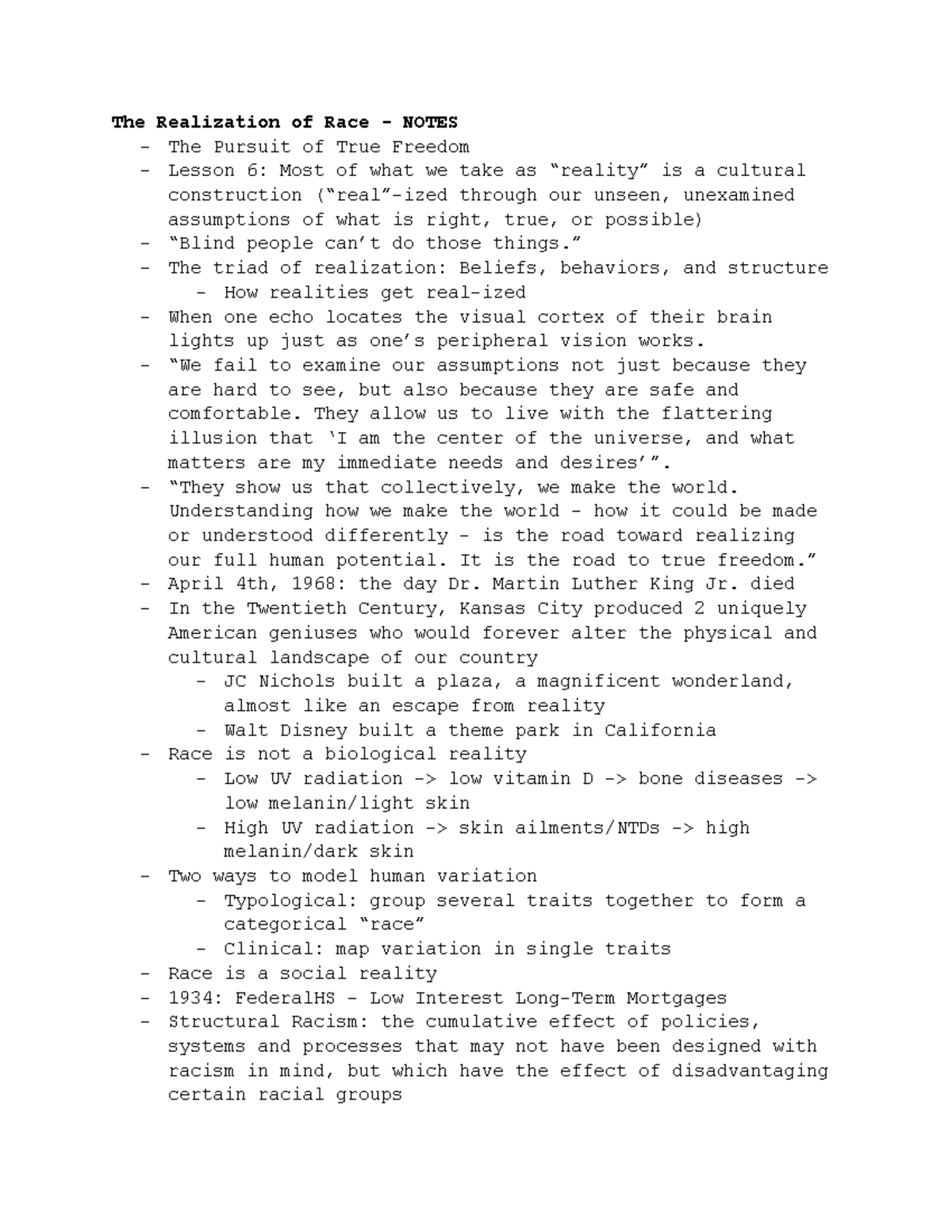 The Realization of Race - Notes - The Realization of Race - NOTES - The ...