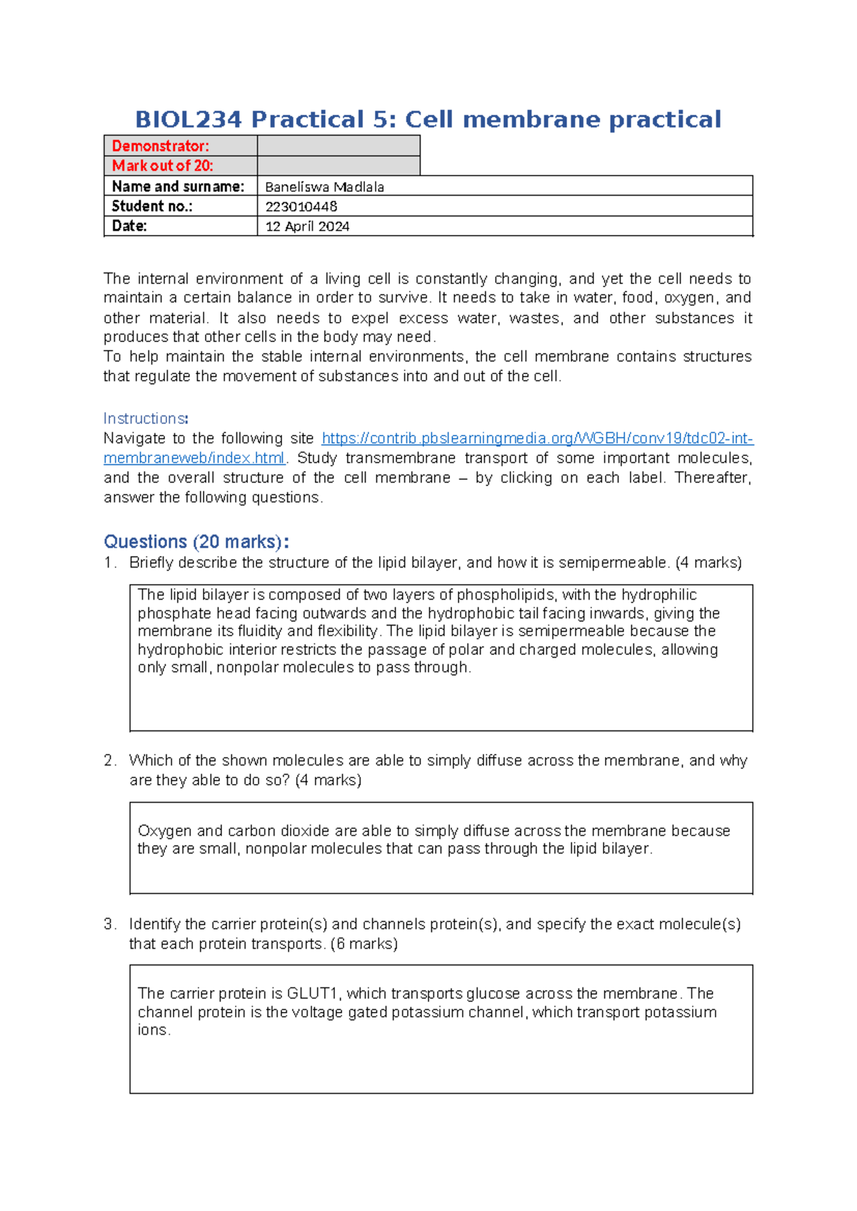 practical 5 answers biol 234 - BIOL234 Practical 5: Cell membrane ...