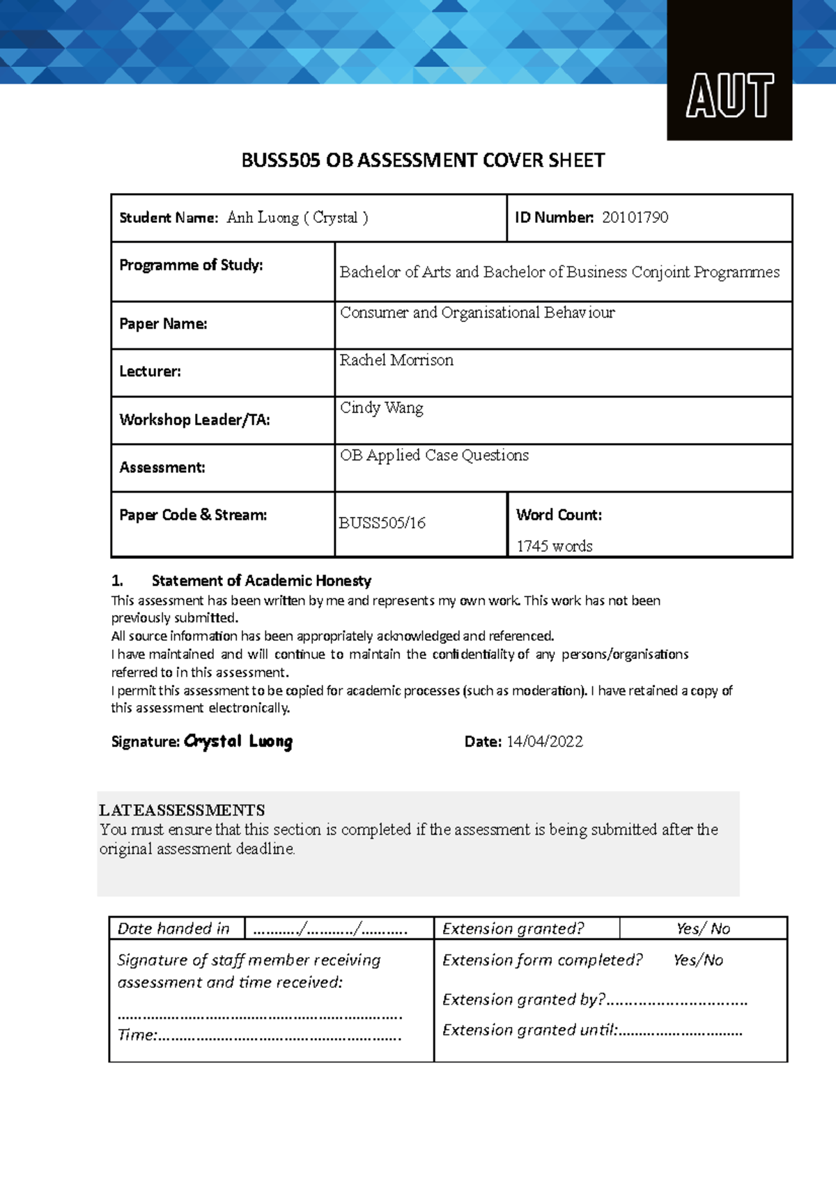 Organisation Behaviour Case 2022 - BUSS505 OB ASSESSMENT COVER SHEET ...