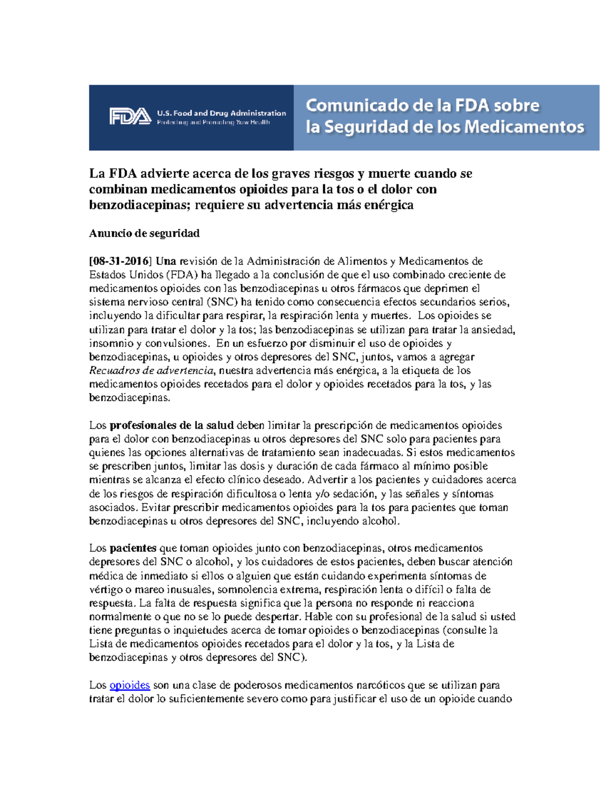 Spanish Drug Safety Communication Opioids Benzos PDF - La FDA advierte ...