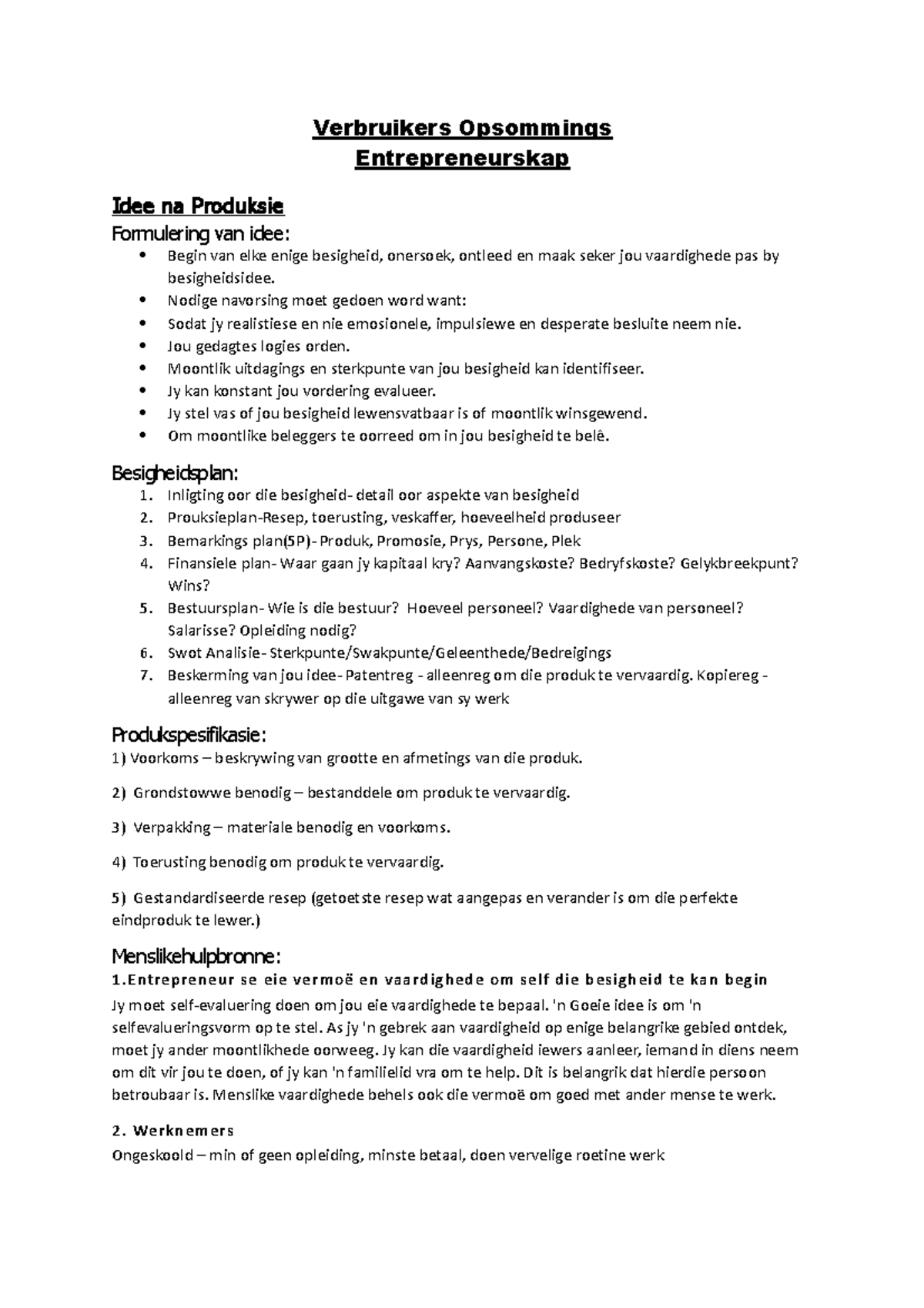 Verbruikers Opsommings - Verbruikers Opsommings Entrepreneurskap Idee ...