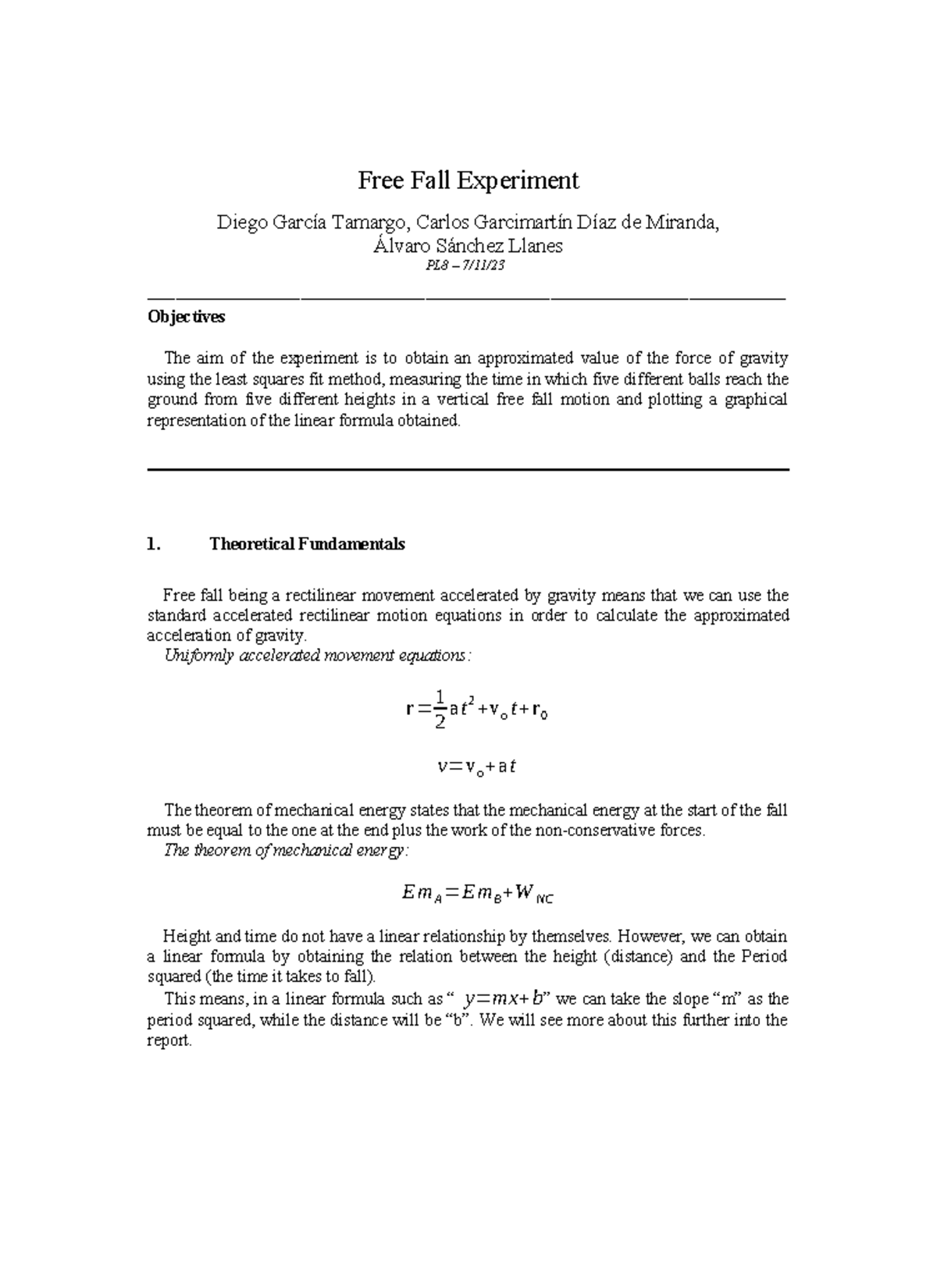 Free Fall Report - free fall PL2 - Free Fall Experiment Diego García ...