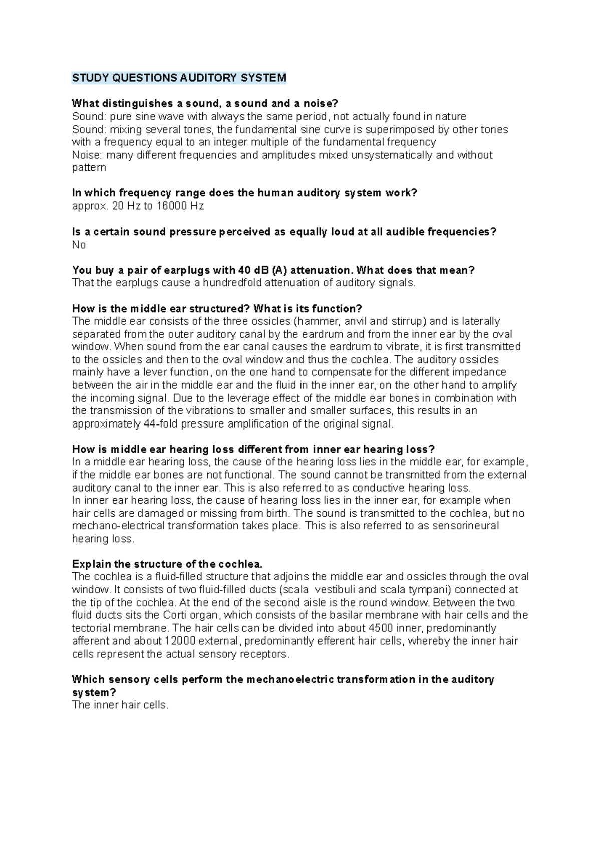 Study questions - Auditory System - STUDY QUESTIONS AUDITORY SYSTEM ...